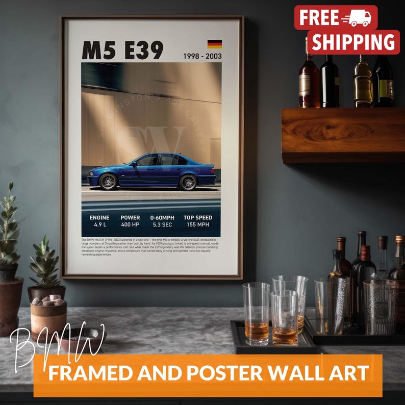 Blue 1998 BMW M5 E39, Sports Car Poster, Vintage Framed Auto Wall Art ...