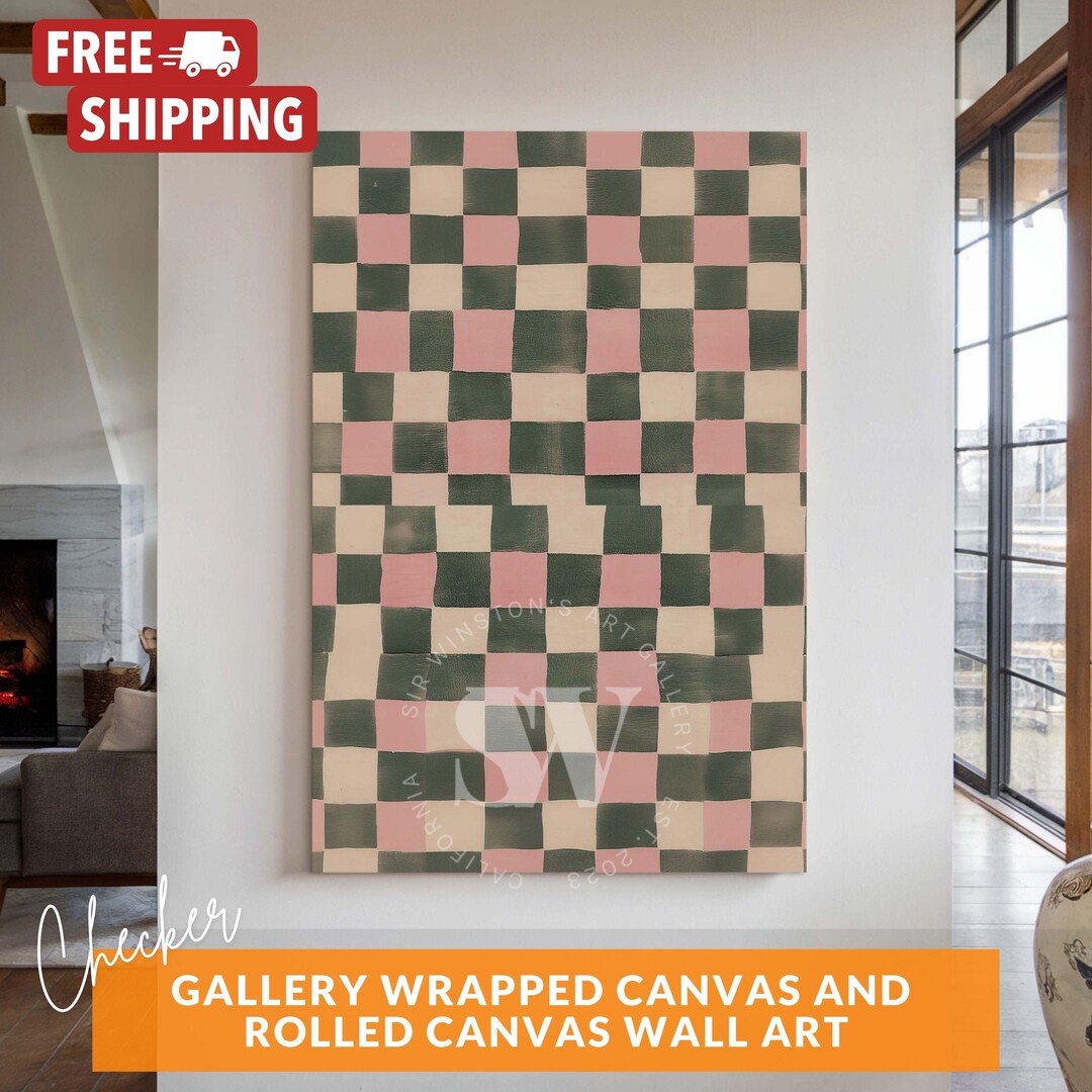 Pink & Green Checkered Wall Art Canvas Print, Abstract Geometric Art ...