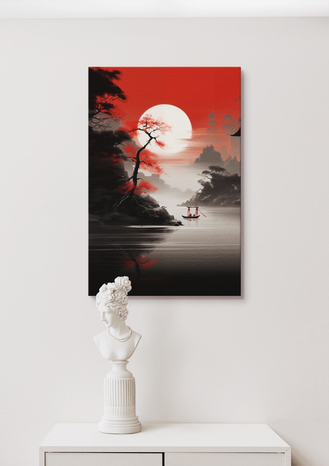 Red Black Traditional Japanese Landscape Wall Art Monochrome Red Asian ...