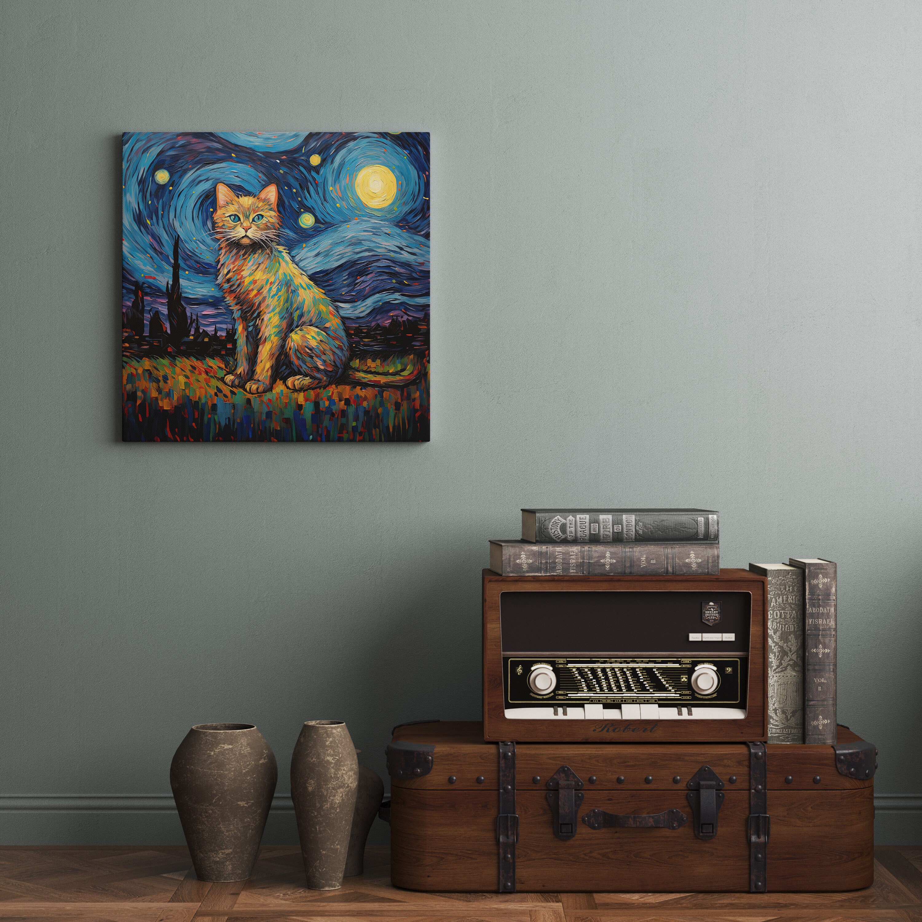 Van Gogh Starry Night Devon Rex Cat Portrait - Abstract Pop Art Canvas ...