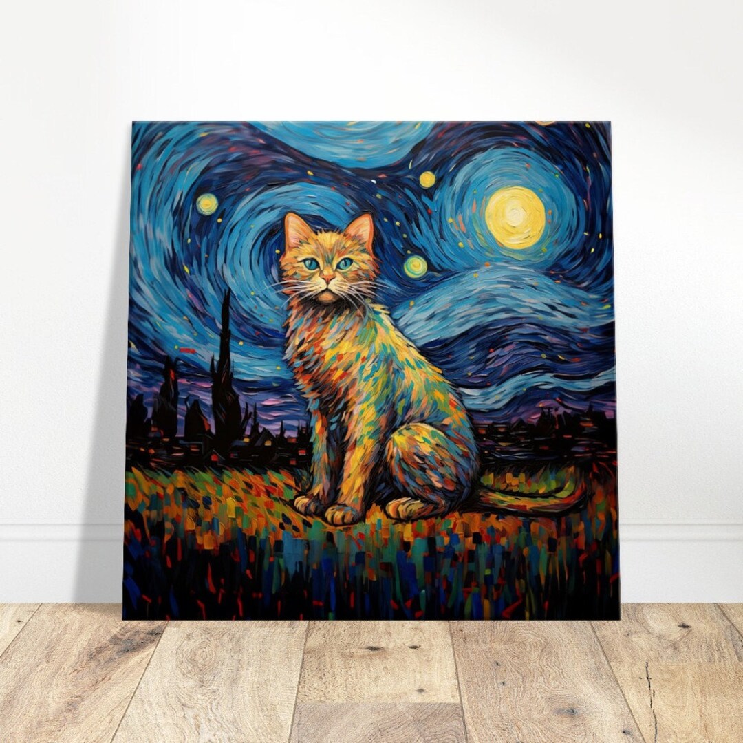 Van Gogh Starry Night Devon Rex Cat Portrait - Abstract Pop Art Canvas ...