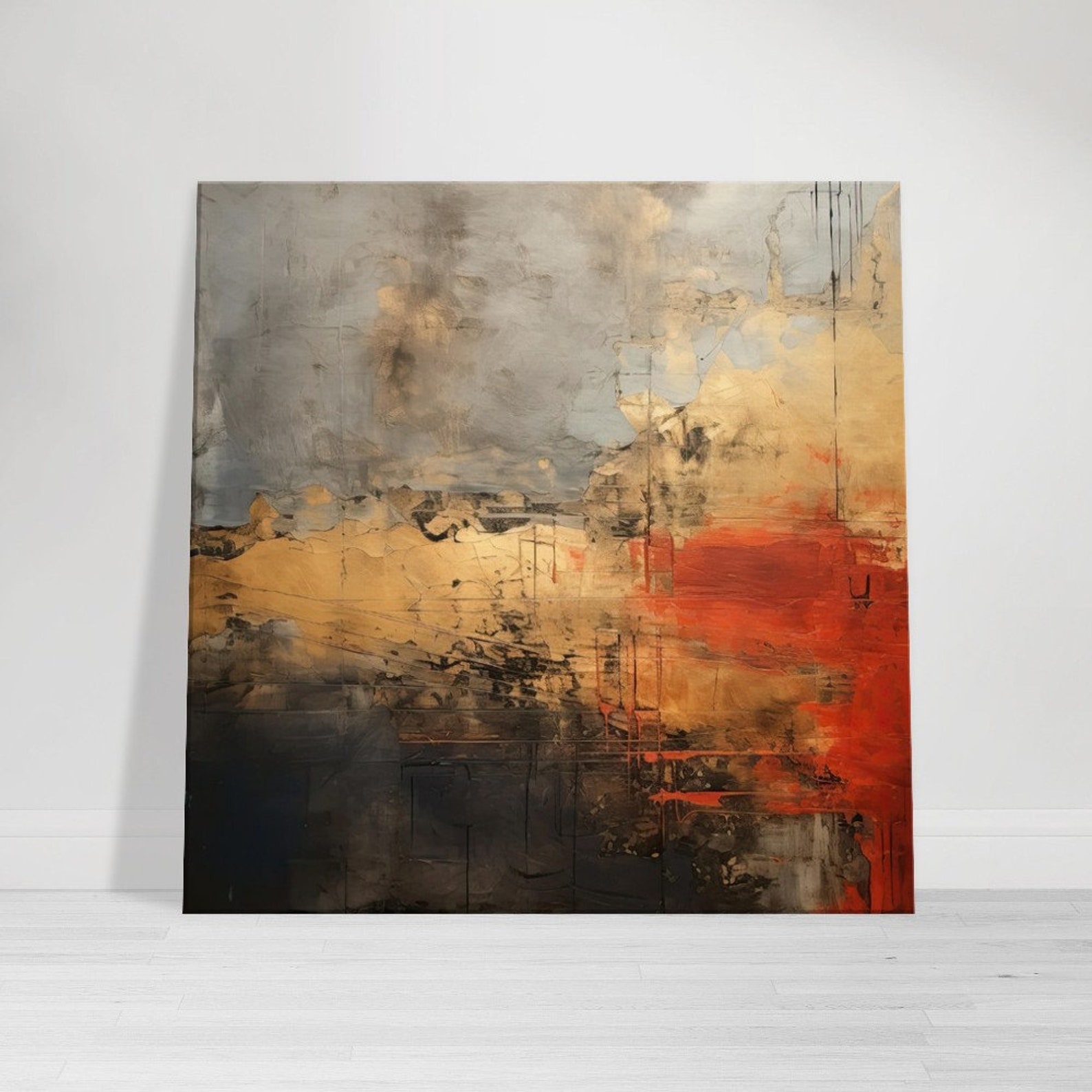 Dramatic Abstract Square Canvas Print, Dark Gray, Black Gold Red ...