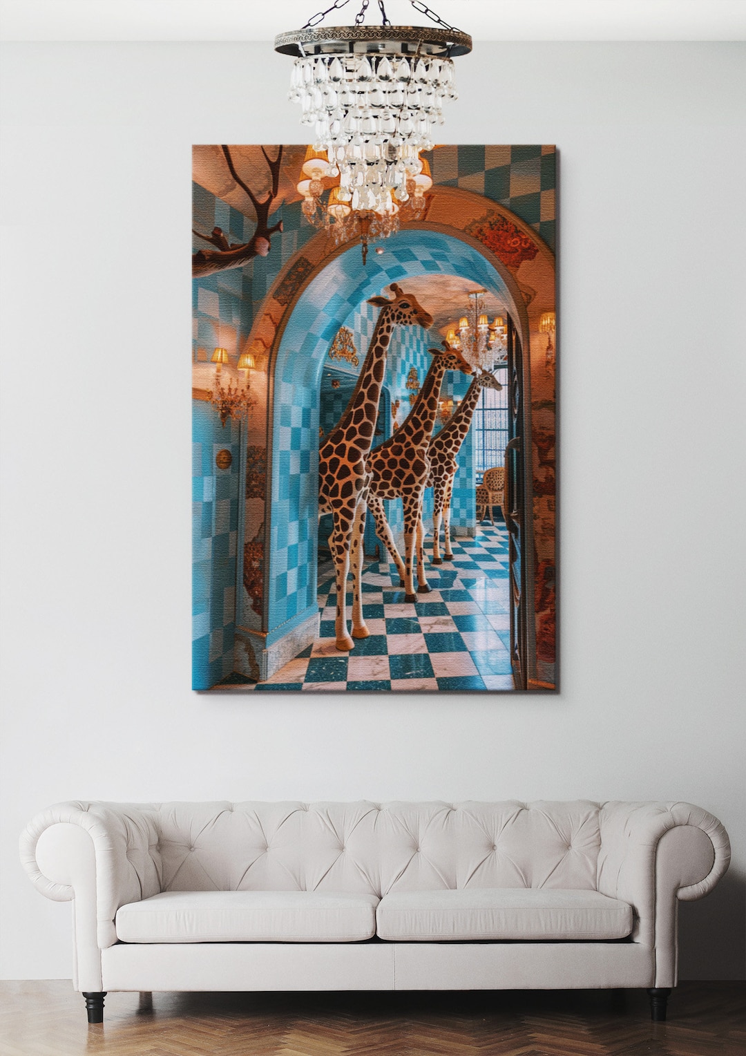 Giraffe's in Blue Arch Room Wall Art Canvas Print Regal Giraffe Quirky ...