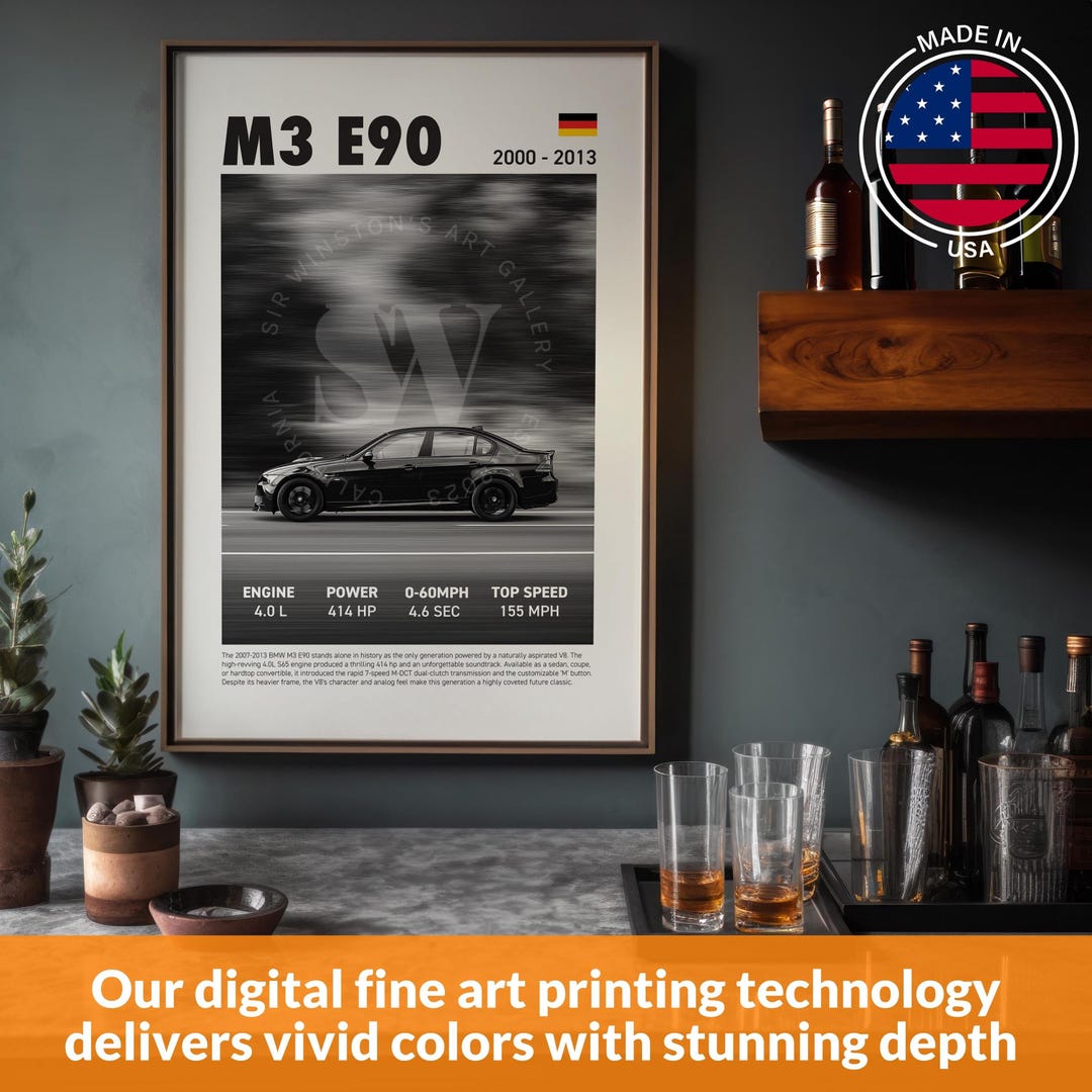 BMW M3 E90 Black & White Classic Sports Car Poster, Vintage Framed Auto ...