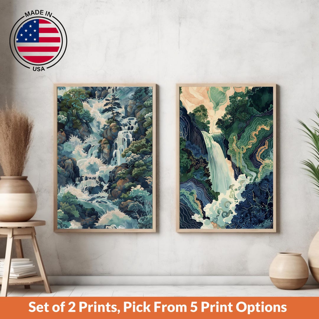 2 Pack Hokusai Ukiyo-e Japanese Waterfall Wall Art Landscape Poster ...