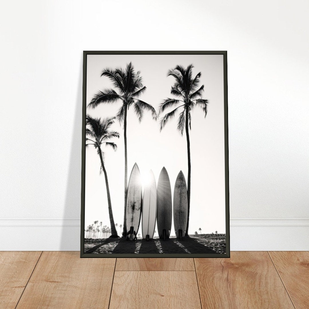 Beachside Surfboards & Palms Framed Print Monochrome Surf Boarder Wall ...