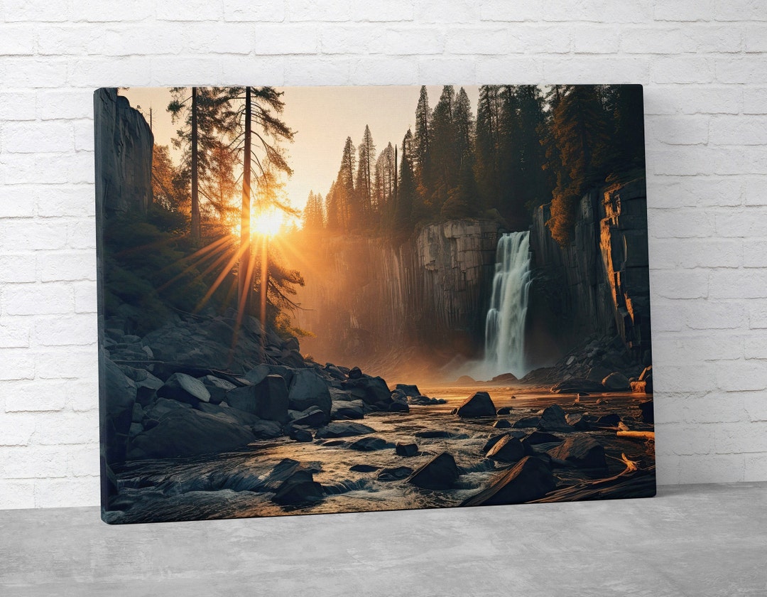 River Waterfall Sunset Landscape Canvas Forest Waterfall Art Artful ...