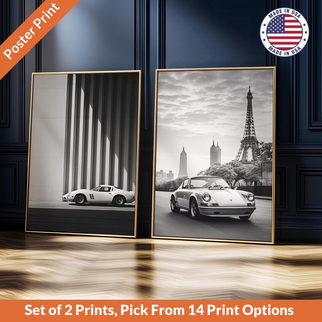 2 Pack Bundle Vintage Black & White Car Poster Set Ferrari Porsche ...