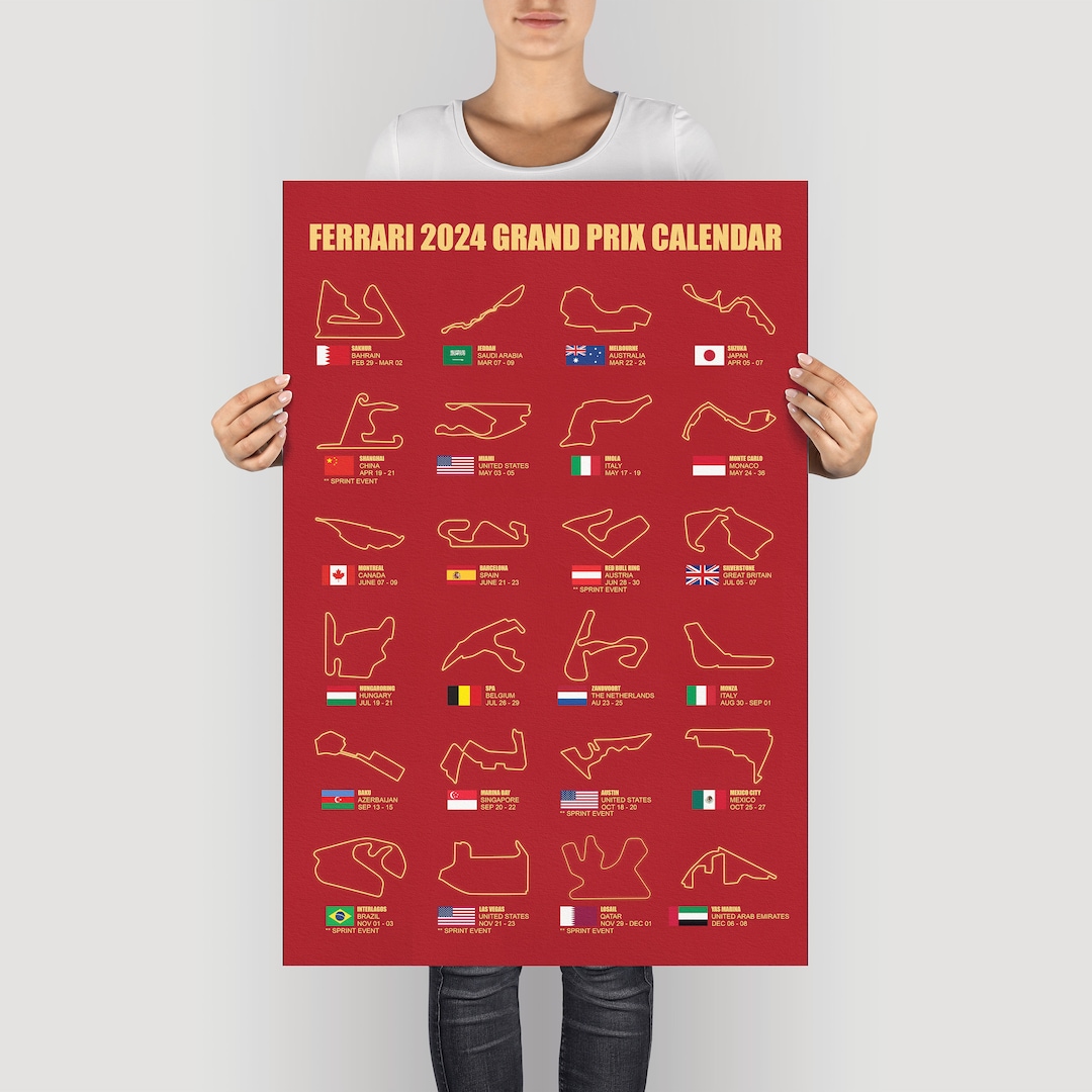 2024 Formel 1 Rennkalender Poster Druck, Team Ferrari Alle 24 Tracks ...