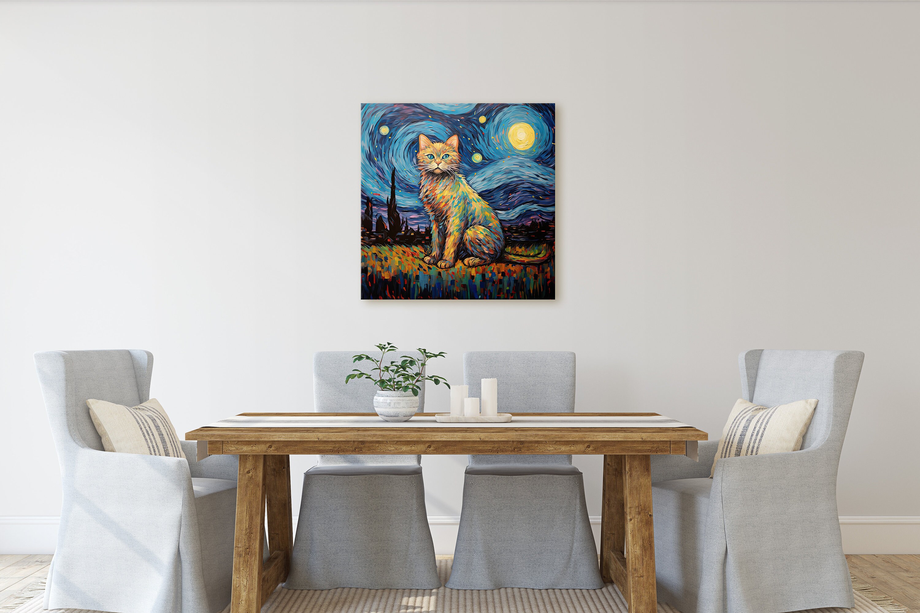 Van Gogh Starry Night Devon Rex Cat Portrait - Abstract Pop Art Canvas ...