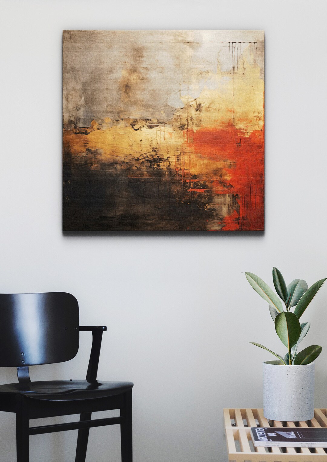 Dramatic Black Red Gold Square Abstract Rolled Canvas Wall Art Print ...