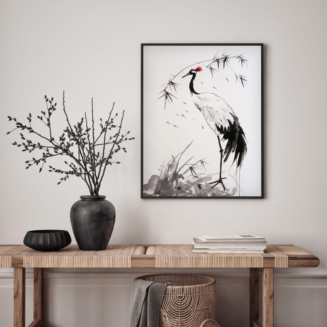 Japanese Kano Motonobu Style Crane Poster Wall Art Asian Landscape ...