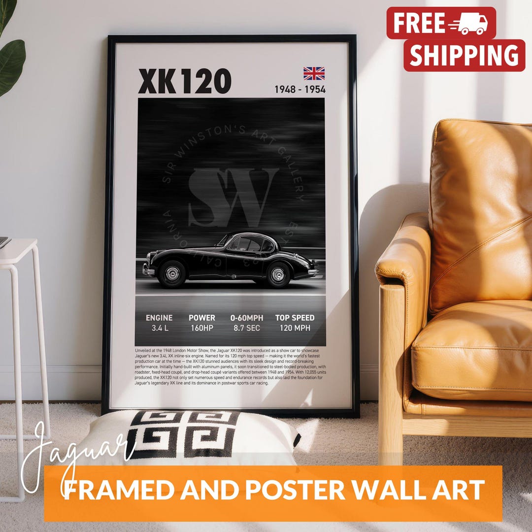 Vintage Jaguar XK 120 Car Poster Print, Classic Sportscar Mancave Decor ...