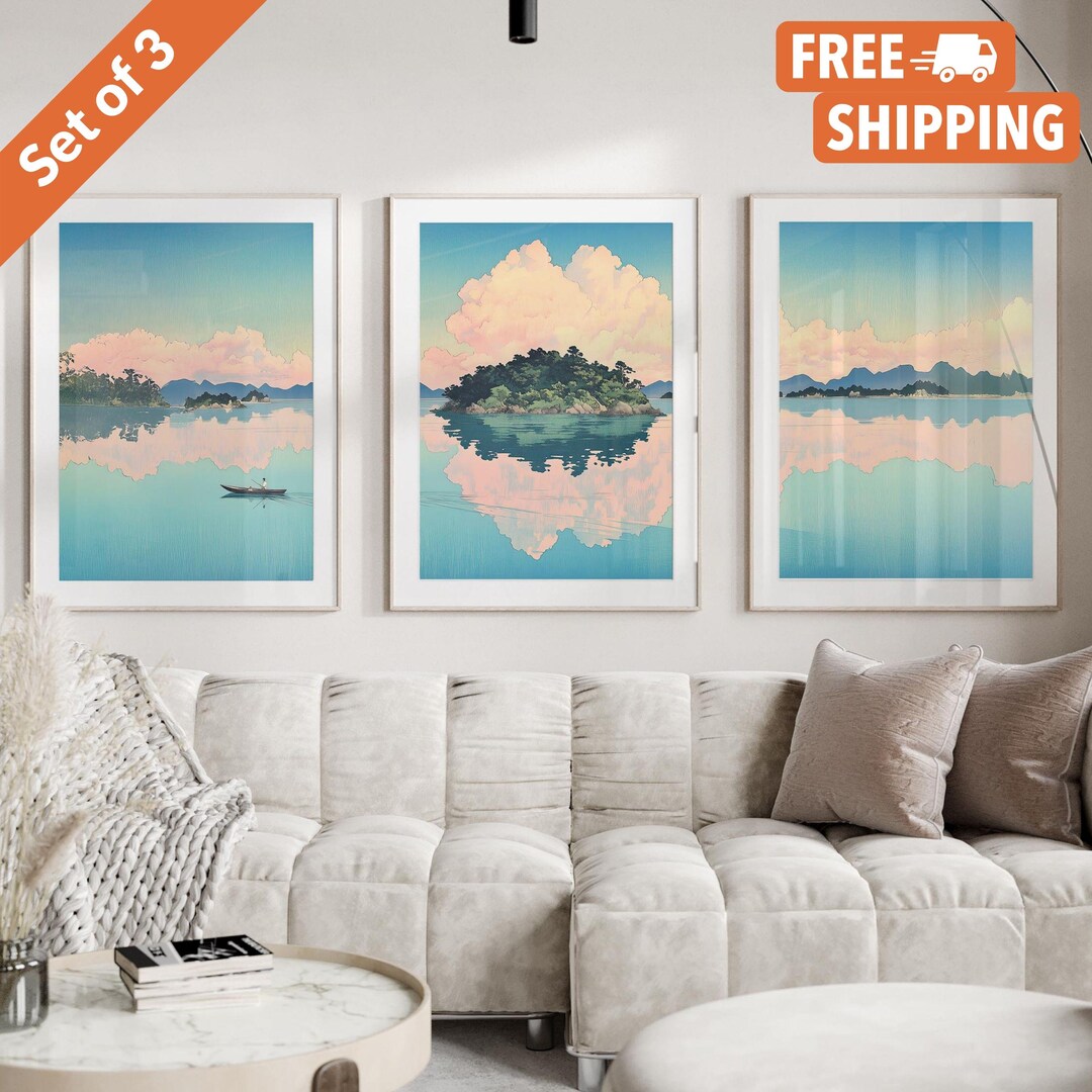 Hokusai Ukiyo-e Japanese Island Art Prints: Blue Green Landscape, Set ...