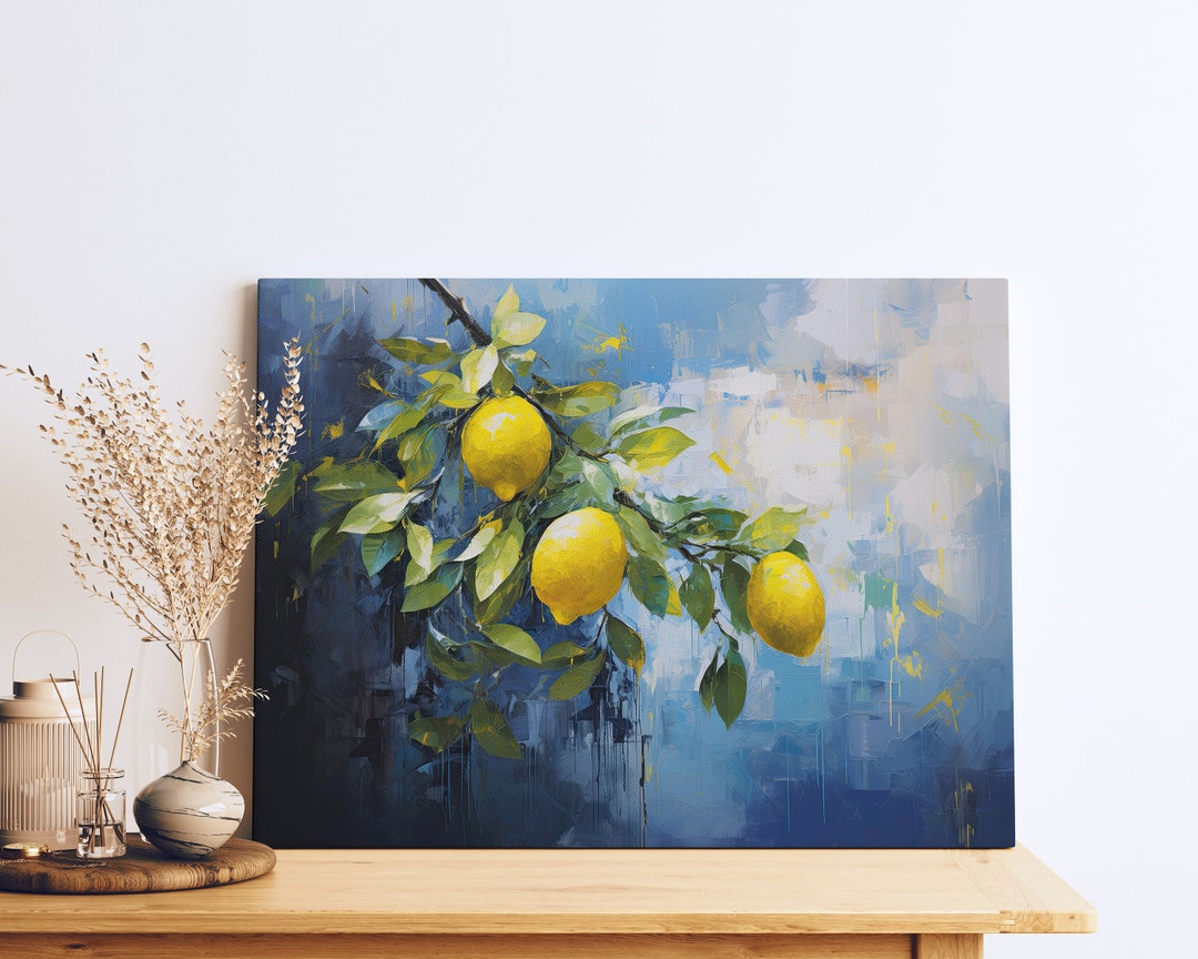 Acrylic Style Lemon Tree Branch Canvas, Lemon Blue Yellow Home Decor ...