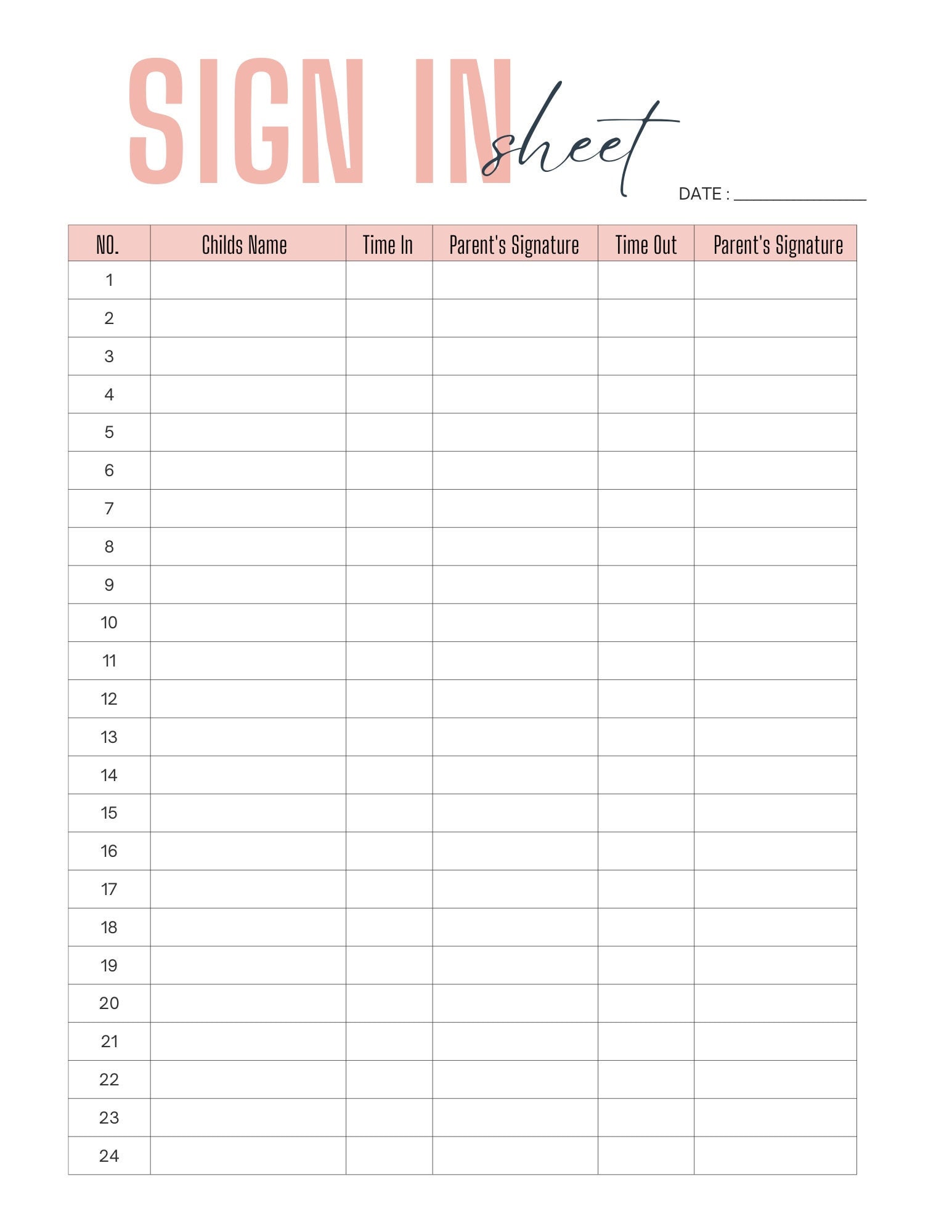 Sign in Sheet | Sign-in | Daycare | Daycare Forms | Sign-in Log ...