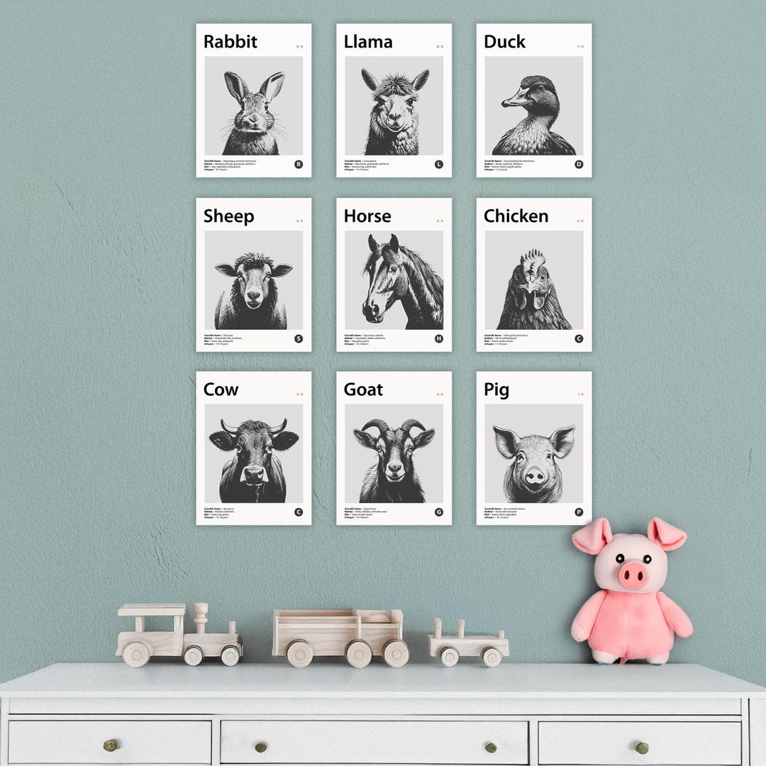 Farm Animal Poster Bundle | Mid-century Modern Farm Animal Wall Art ...
