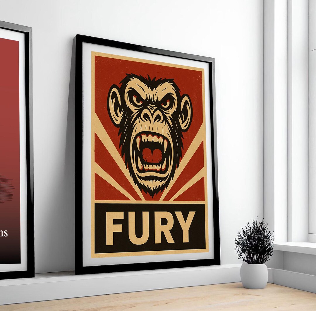 Angry Monkey Poster – Retro Propaganda Wall Art, Bold 50s Fury Graphic ...