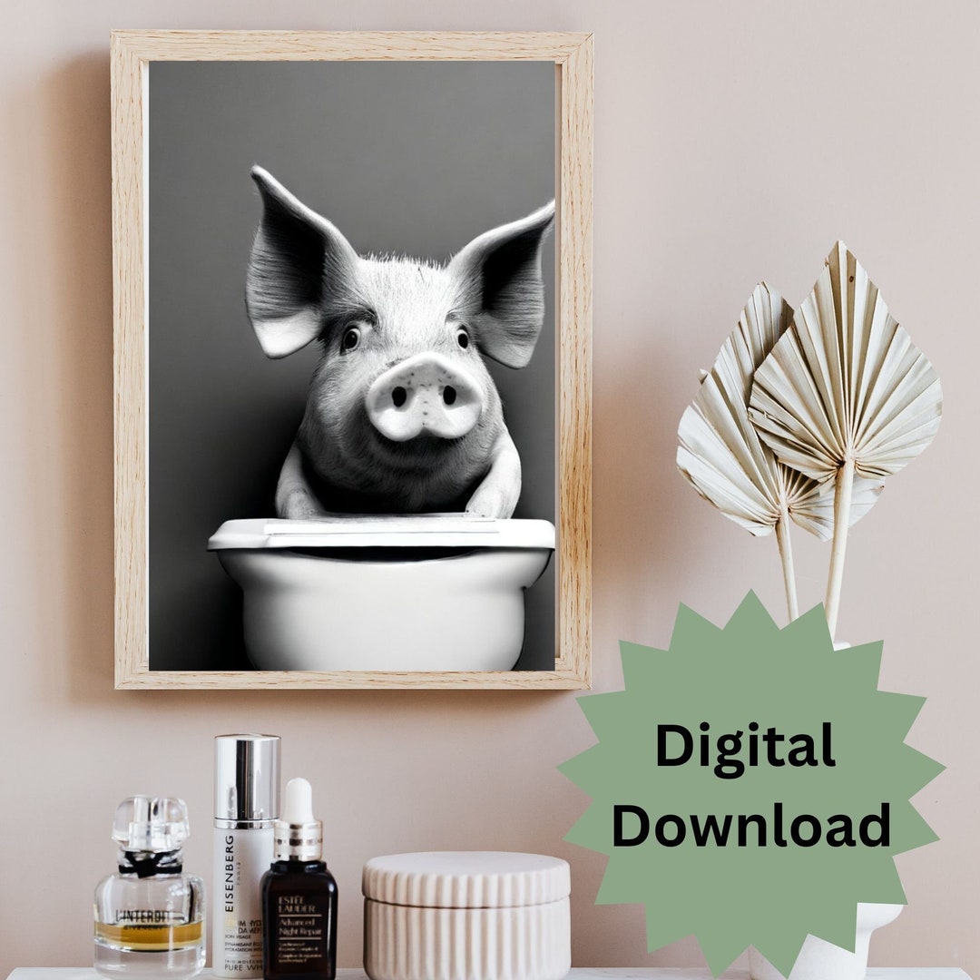 Pig, Black and White, Digital Art, Printable, Bathroom, Pig, Framed Art ...