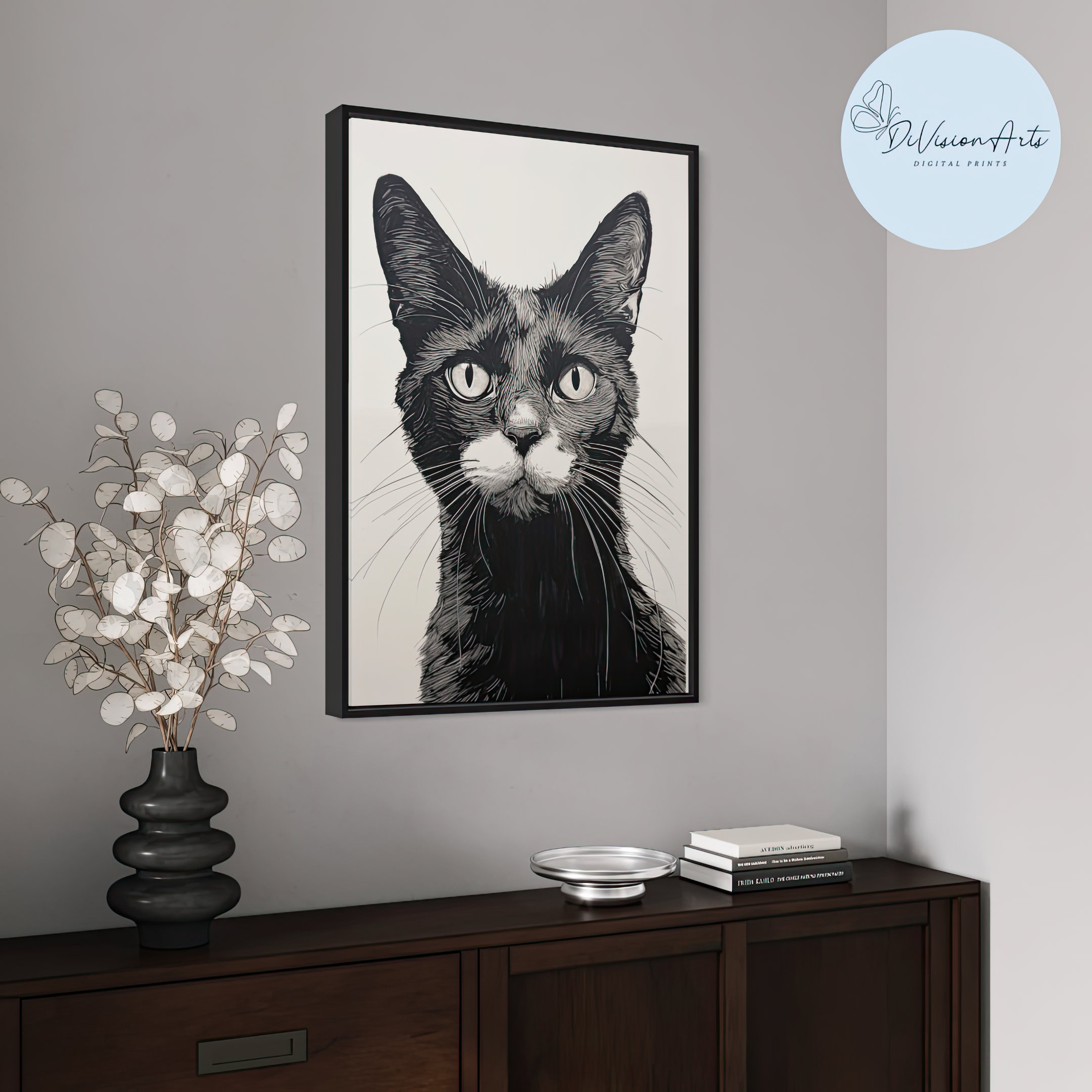Monochrome Cat Portrait Instant Download Cat Printable Art Ink Drawing ...