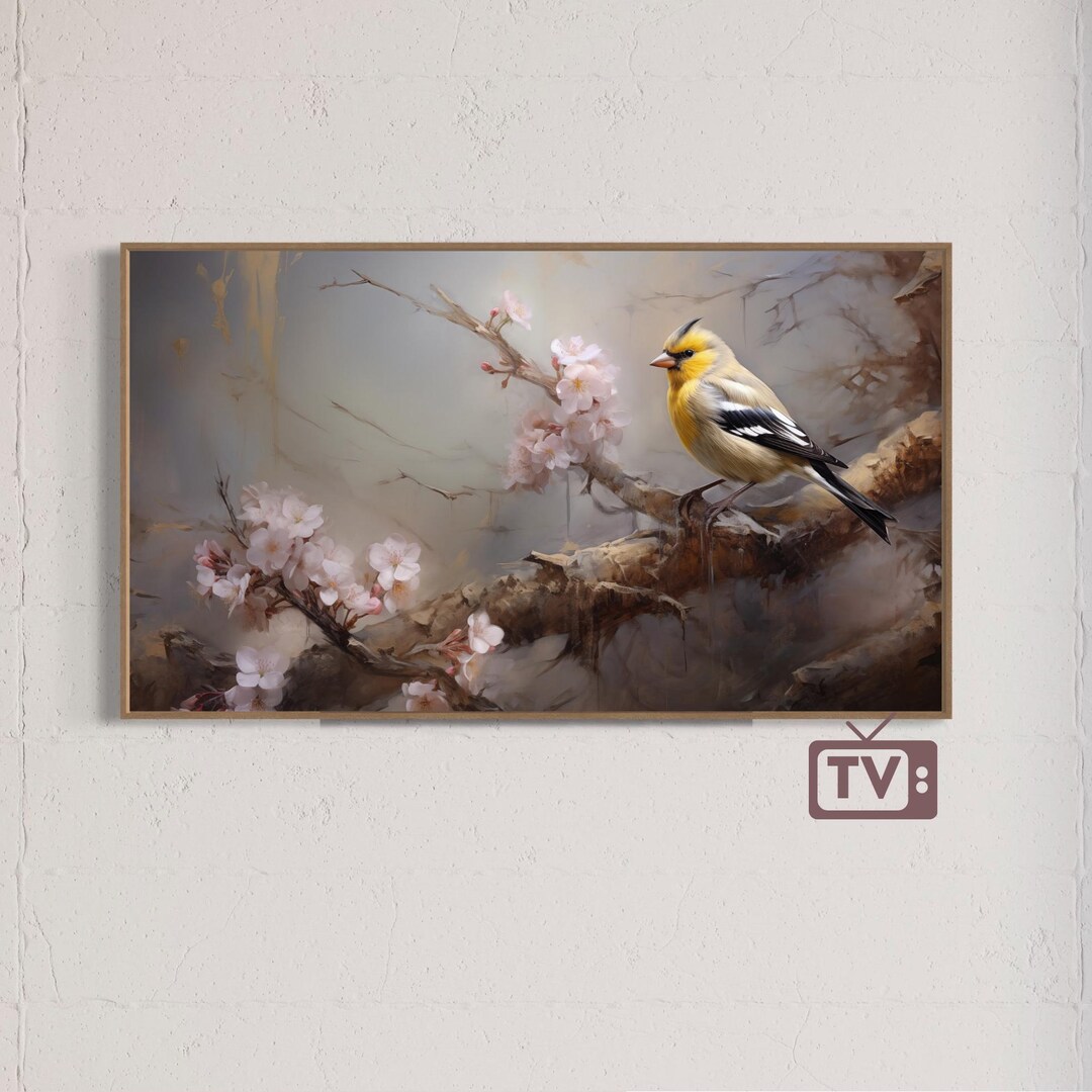 Vintage Goldfinch Painting: Spring Sakura Branch TV Art (digital ...