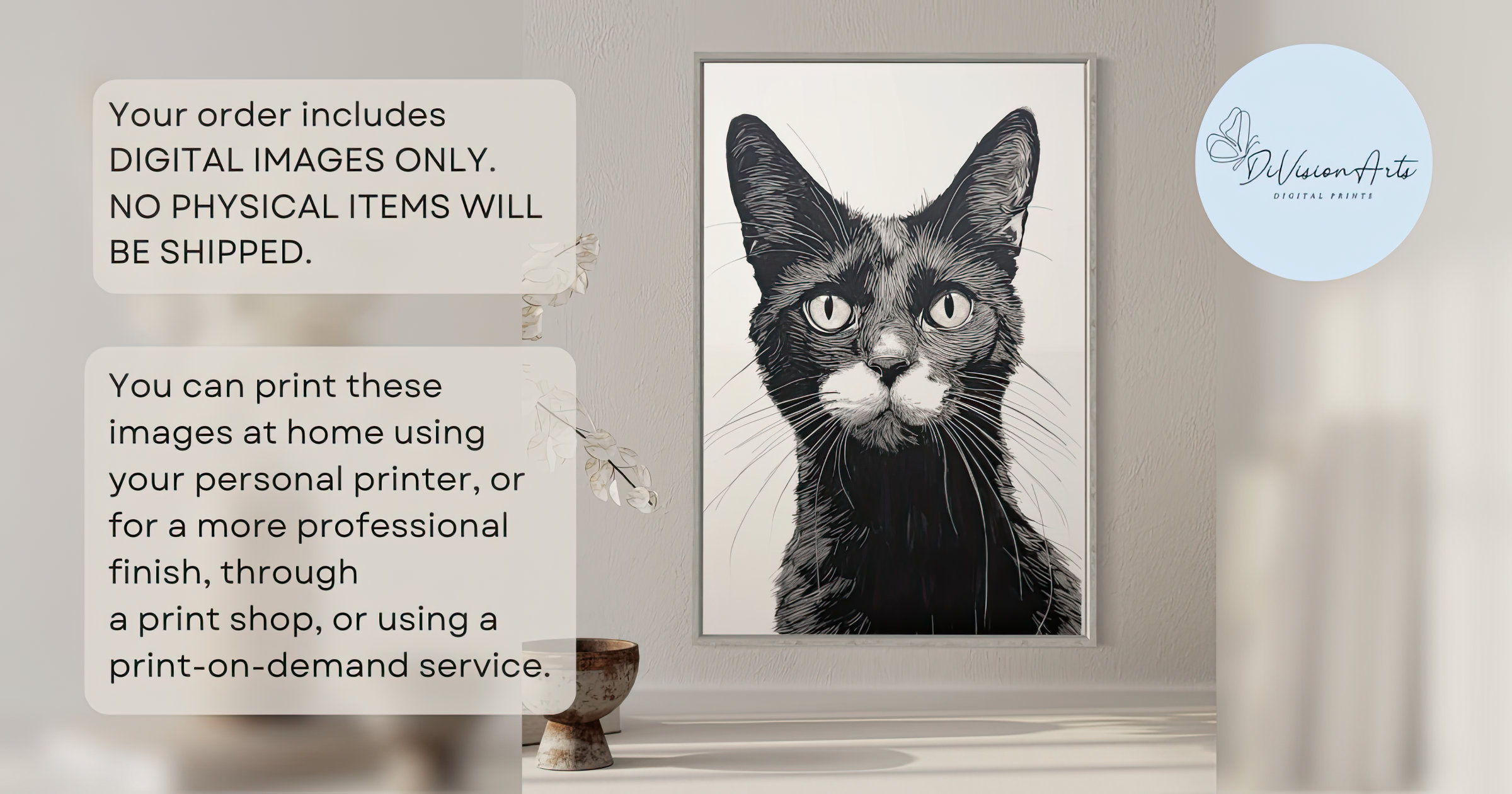 Monochrome Cat Portrait Instant Download Cat Printable Art Ink Drawing ...
