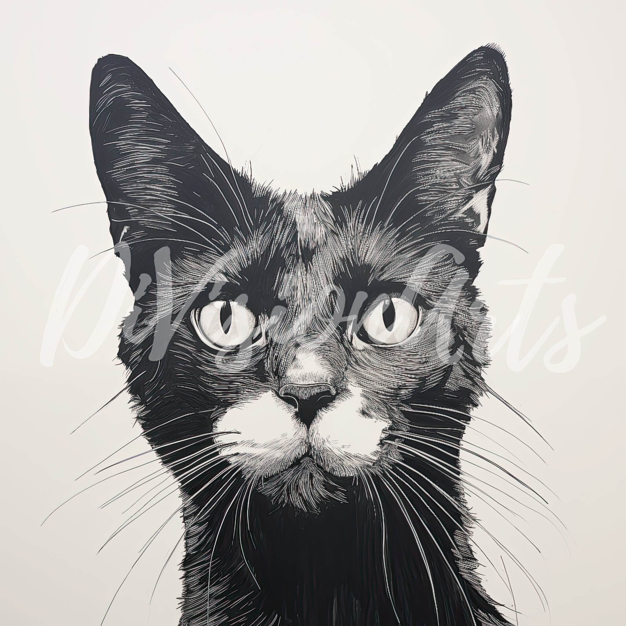Monochrome Cat Portrait Instant Download Cat Printable Art Ink Drawing ...