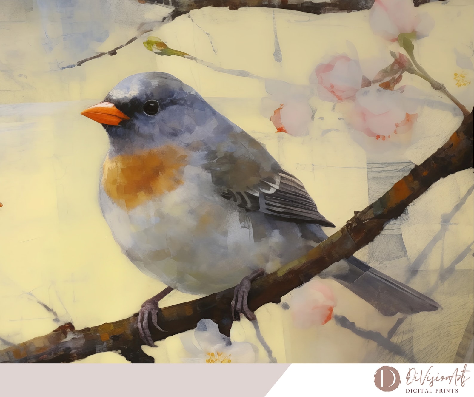 Bird Couple on Cherry Blossom Branch Painting Impressionism Digital ...