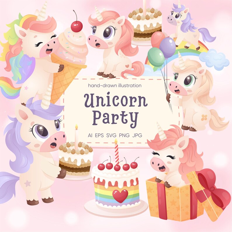 Unicorn Party Clipart Set With Cute Birthday Illustrations, Png, Svg ...