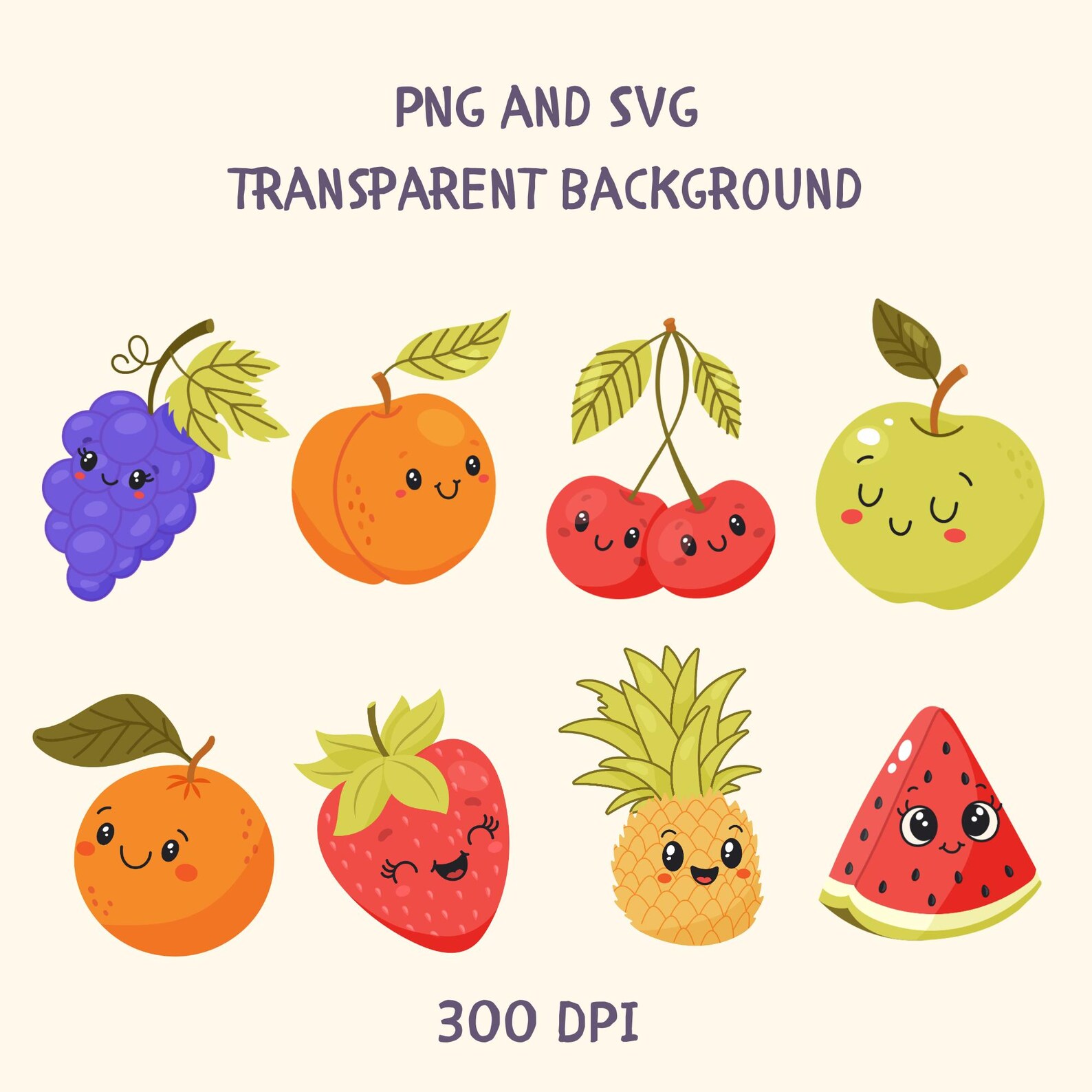 Kawaii Summer Fruit Clipart With Smiling Faces 8 Cute Fruits and 2 ...