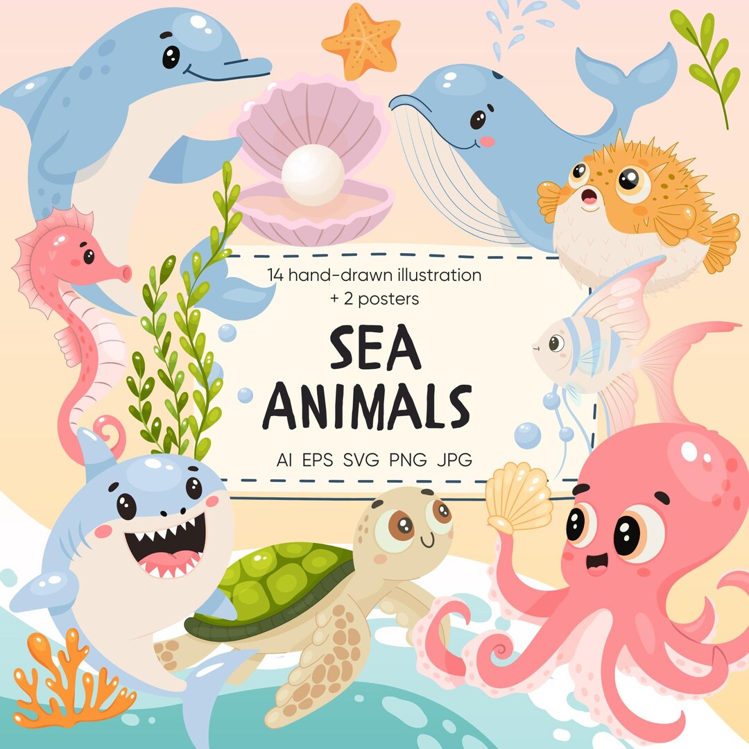 Cartoon Sea Animals | Cute Ocean Creatures Clipart for Nursery Prints ...