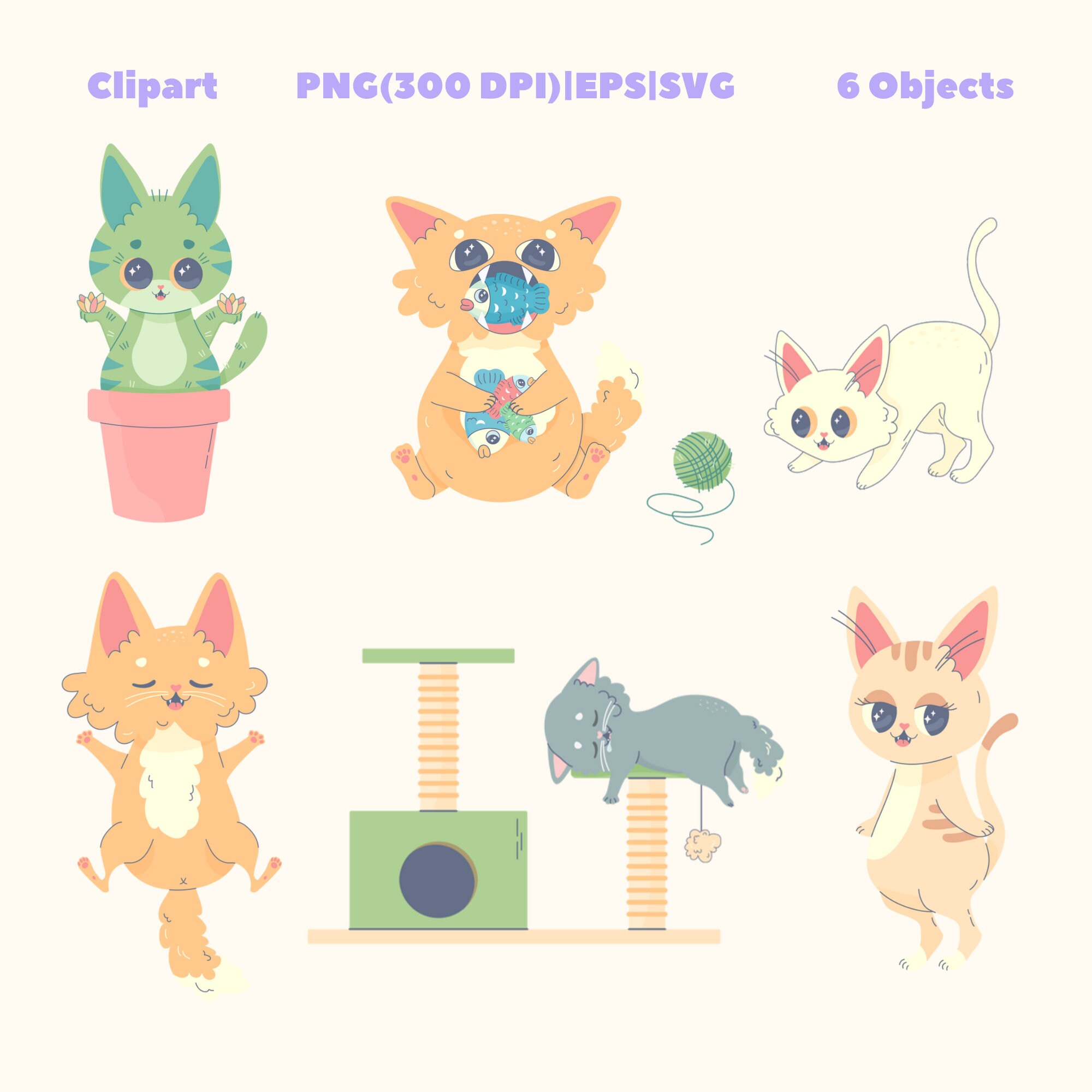 Cute Cats Clip Art Set, Hand Drawn, 6 Png, Jpg, Eps, for Printing on ...