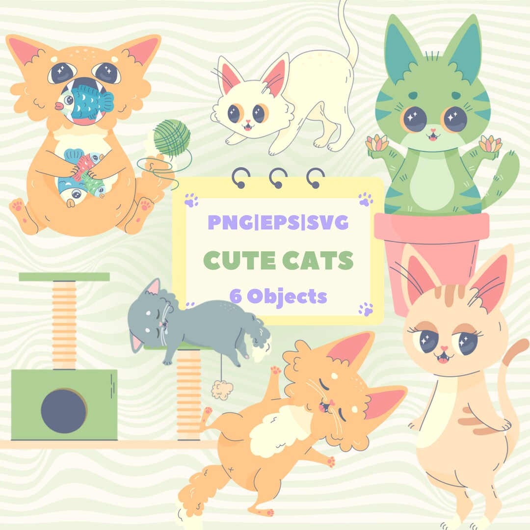 Cute Cats Clip Art Set, Hand Drawn, 6 Png, Jpg, Eps, for Printing on ...