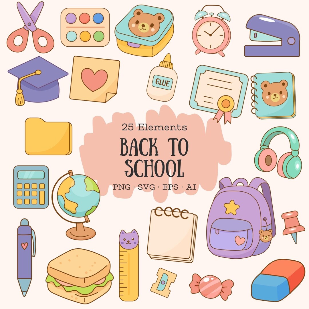 Back to School Clipart – Cute Pastel School Supplies | PNG SVG EPS Ai ...