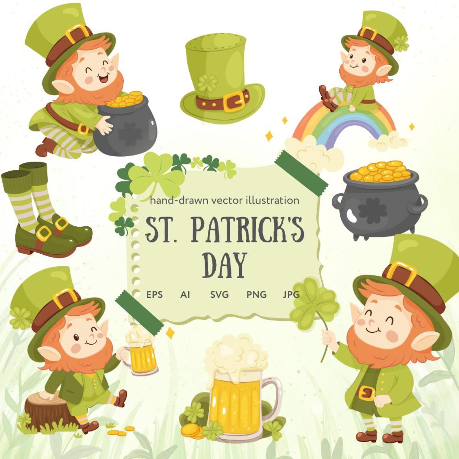 8 Cute St Patrick's Day Elements, Leprechauns. Vector Illustration ...