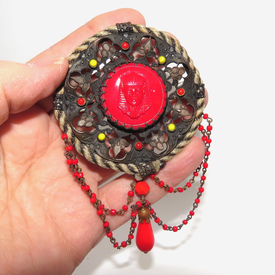 Egyptian Revival Pin With Red Glass Swags and Molded Red Glass Egyptian ...