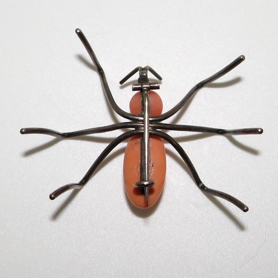 Victorian Coral and Silver Bug Pin - Gem