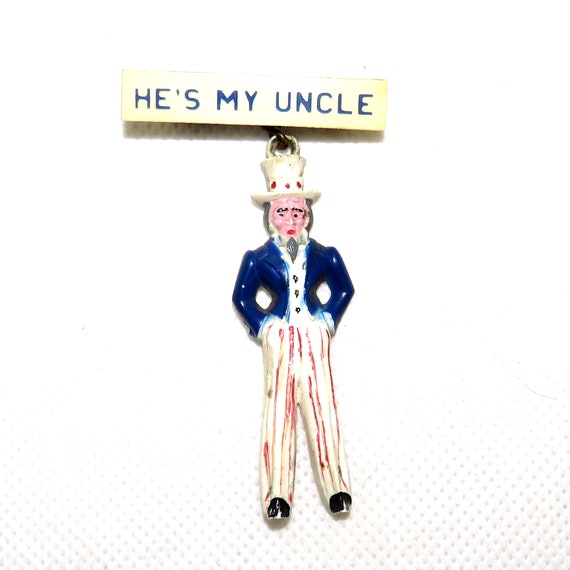 WWII Patriotic Uncle Sam Hanging Hitler Pinback Button - Gem