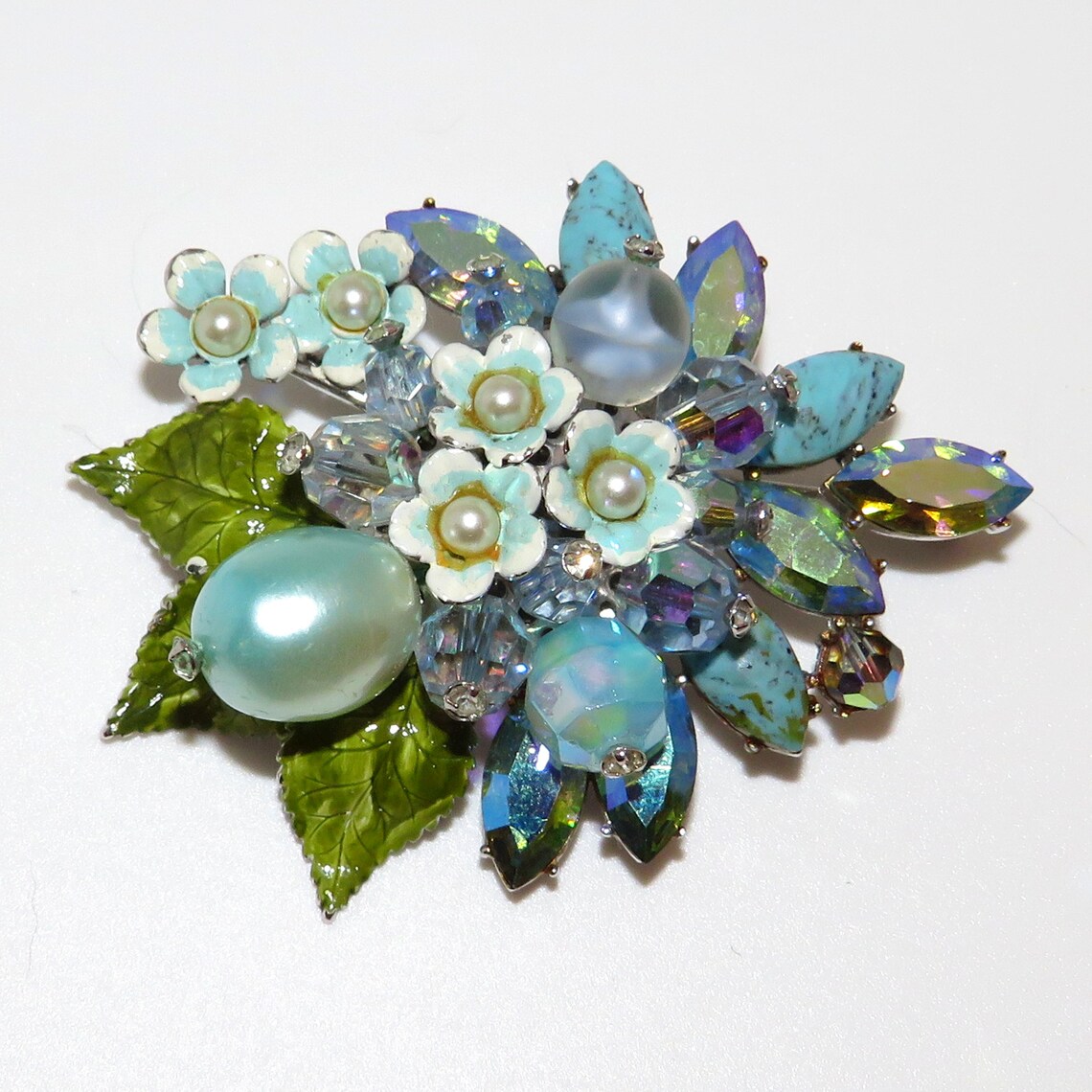 Vendome Vintage Blue Glass, Rhinestone, and Flower Pin and Clip ...