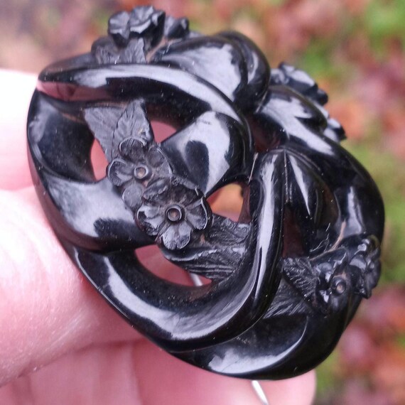 Carved Whitby Jet Victorian Pin - Gem