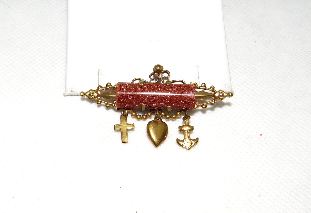 Victorian Pin With Goldstone and Faith Hope and Charity Charms - Etsy