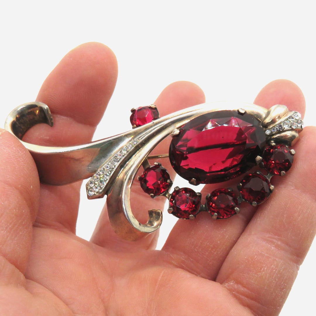 Retro Sterling and Red Crystal "nordic" Pin - Etsy