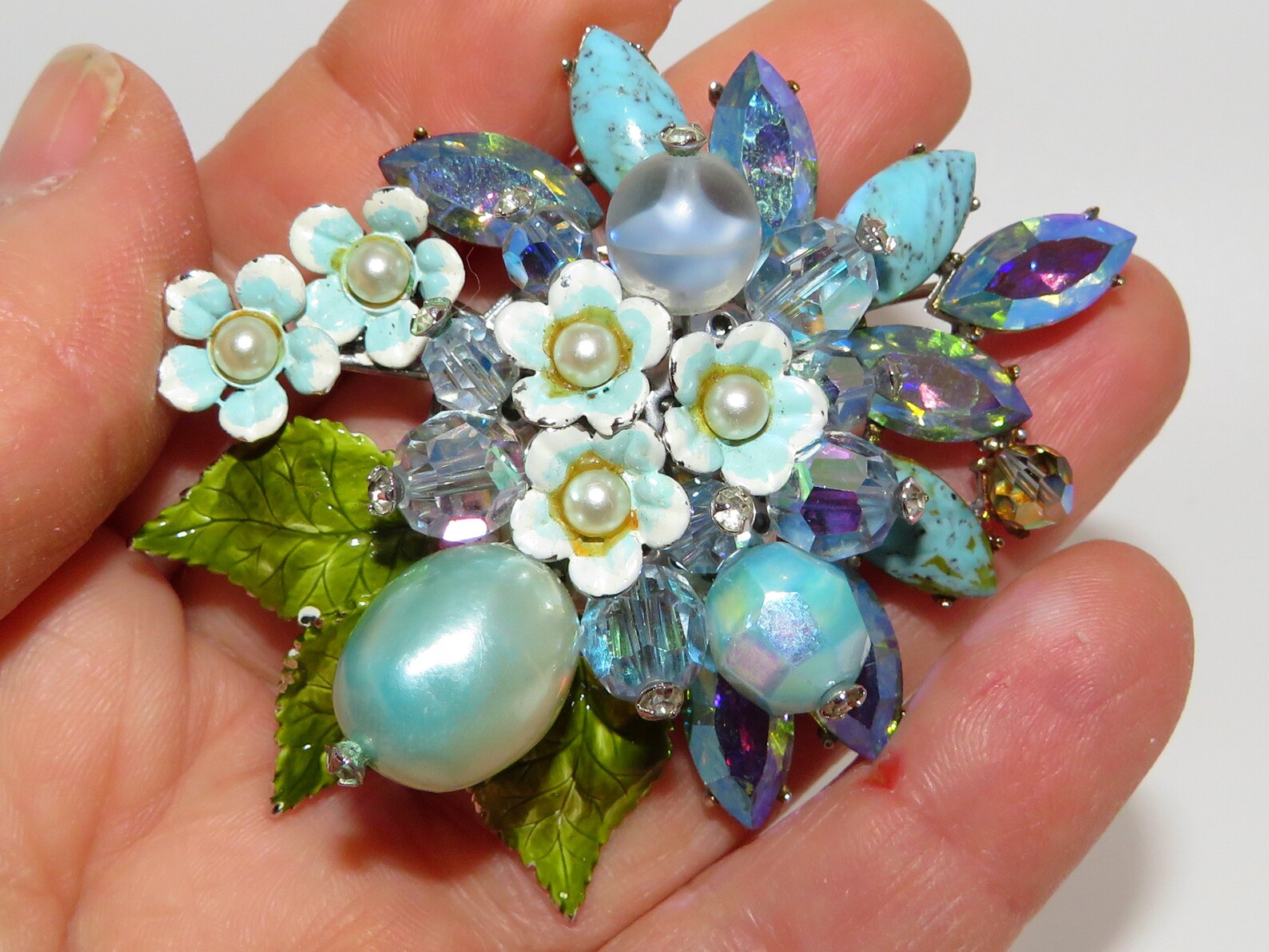 Vendome Vintage Blue Glass, Rhinestone, and Flower Pin and Clip ...