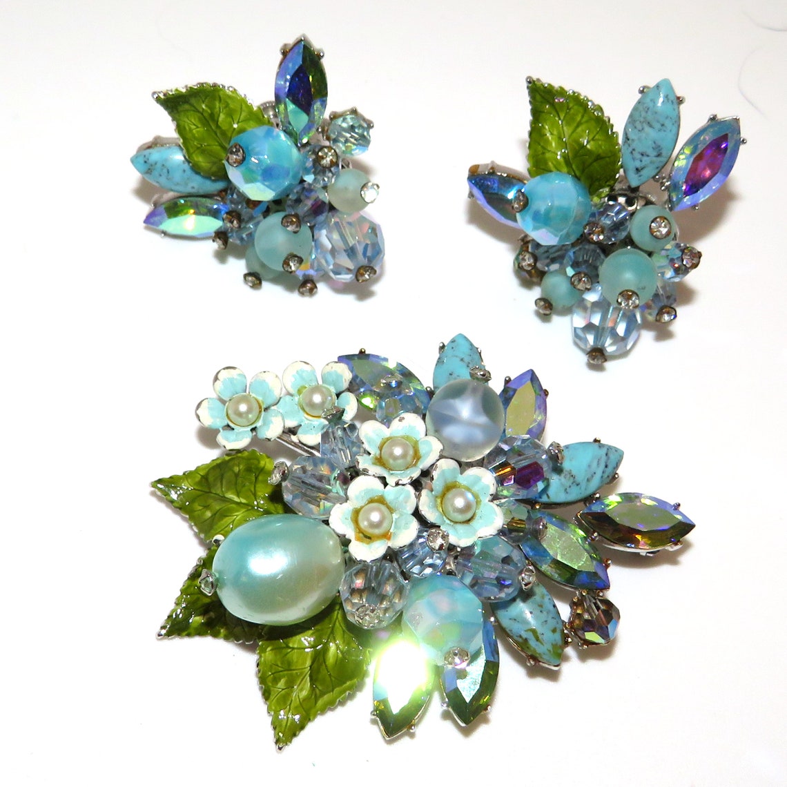 Vendome Vintage Blue Glass, Rhinestone, and Flower Pin and Clip ...