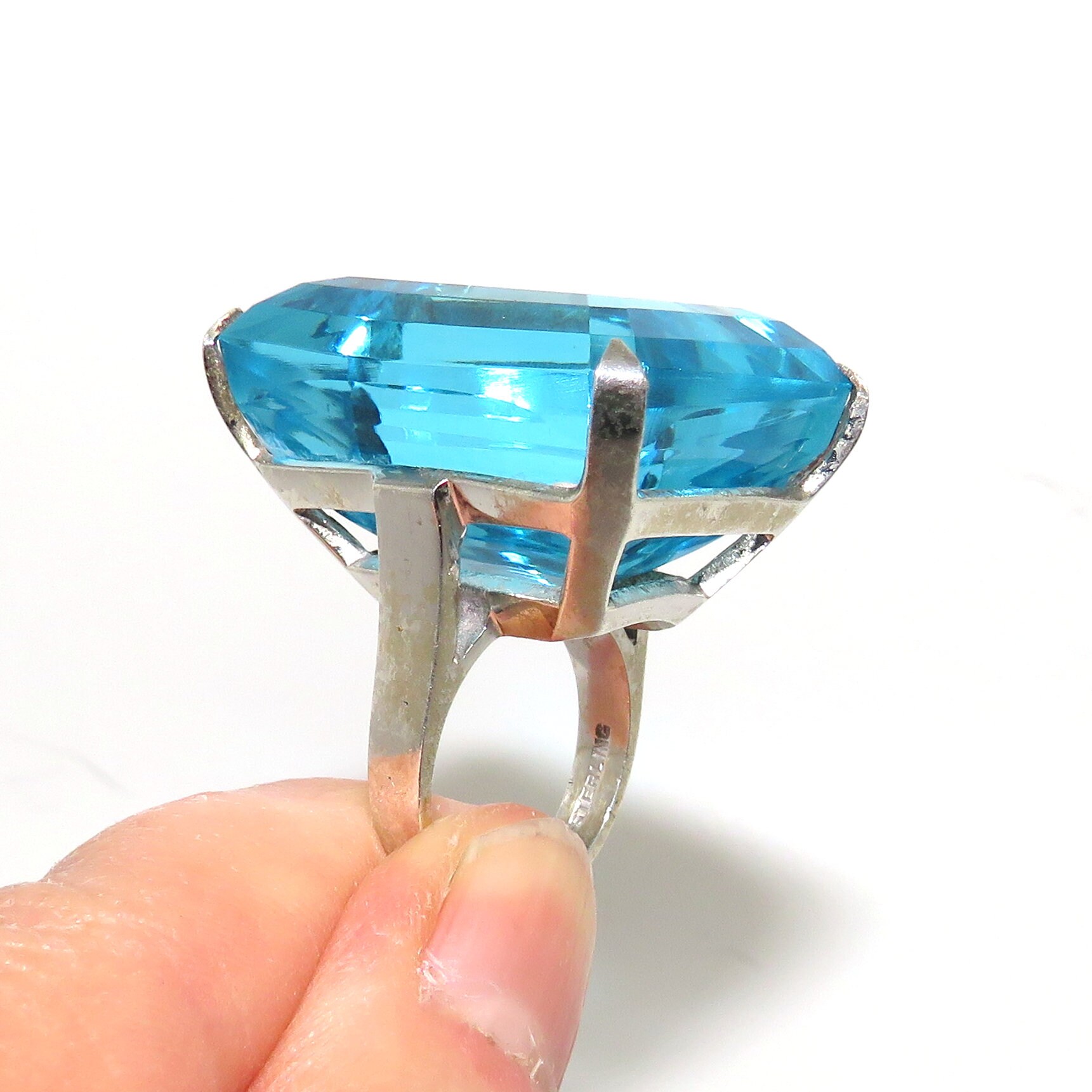 Retro Sterling and Large Aqua Blue Crystal Ring - Etsy