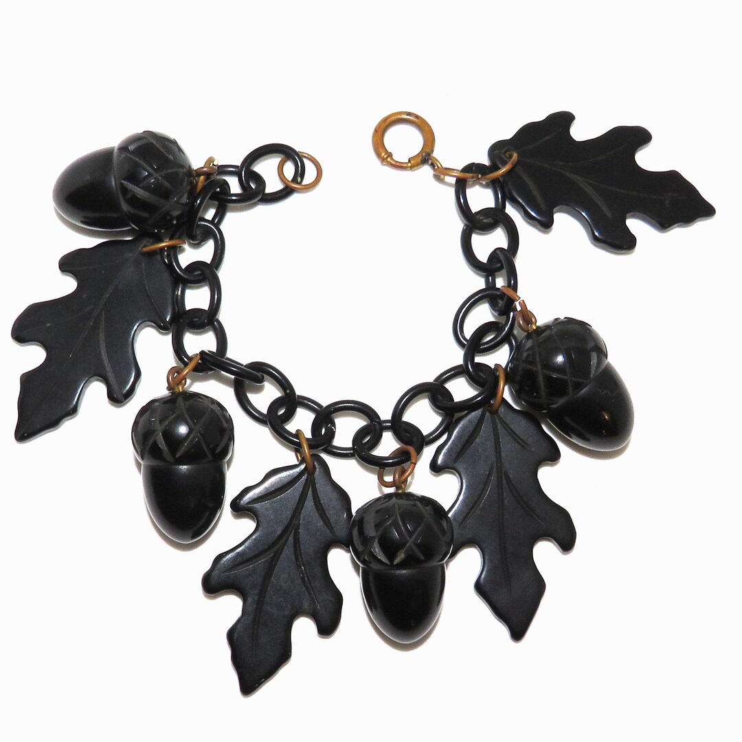 Carved Black Bakelite Acorn and Oak Leaf Bracelet on Celluloid Chain - Etsy