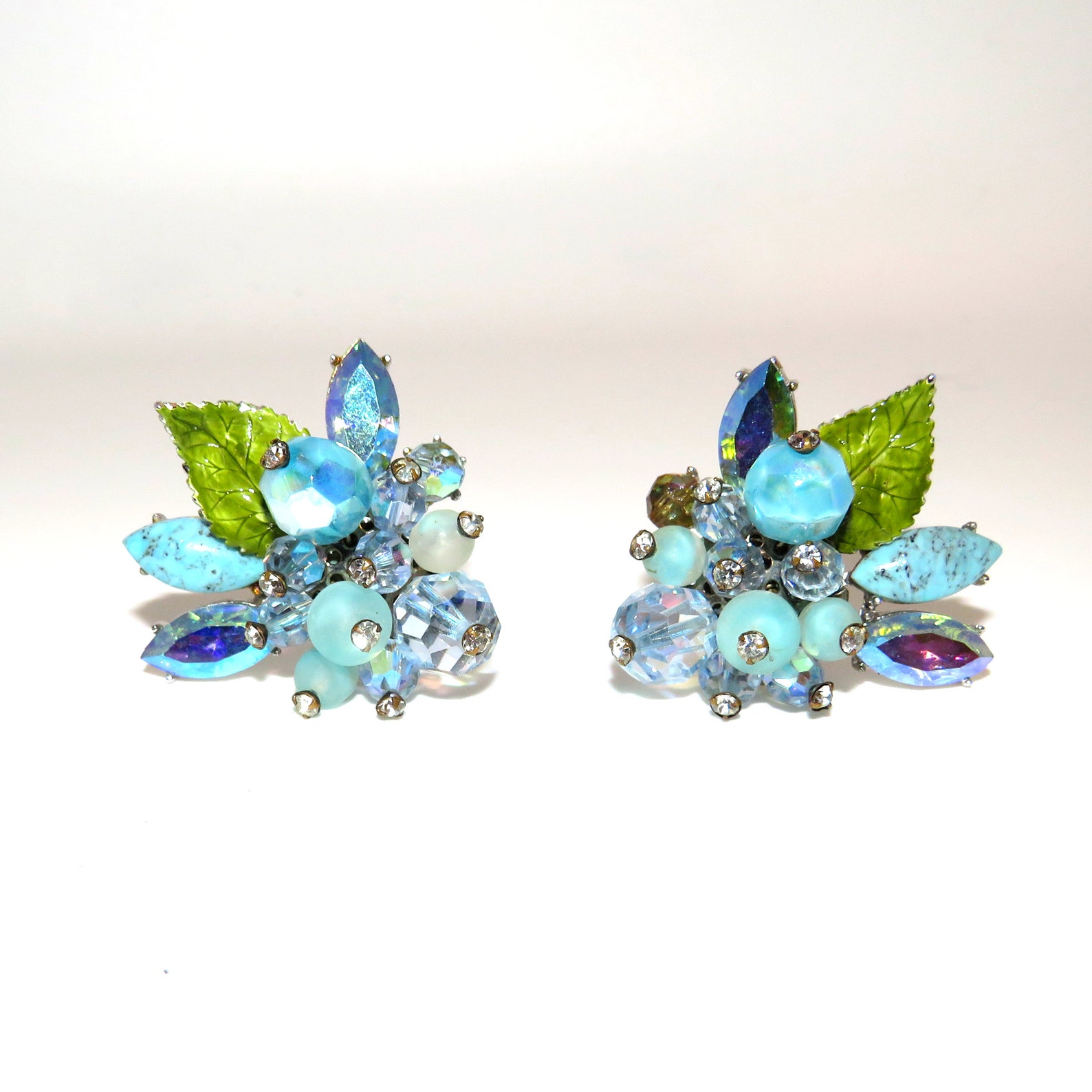 Vendome Vintage Blue Glass, Rhinestone, and Flower Pin and Clip ...
