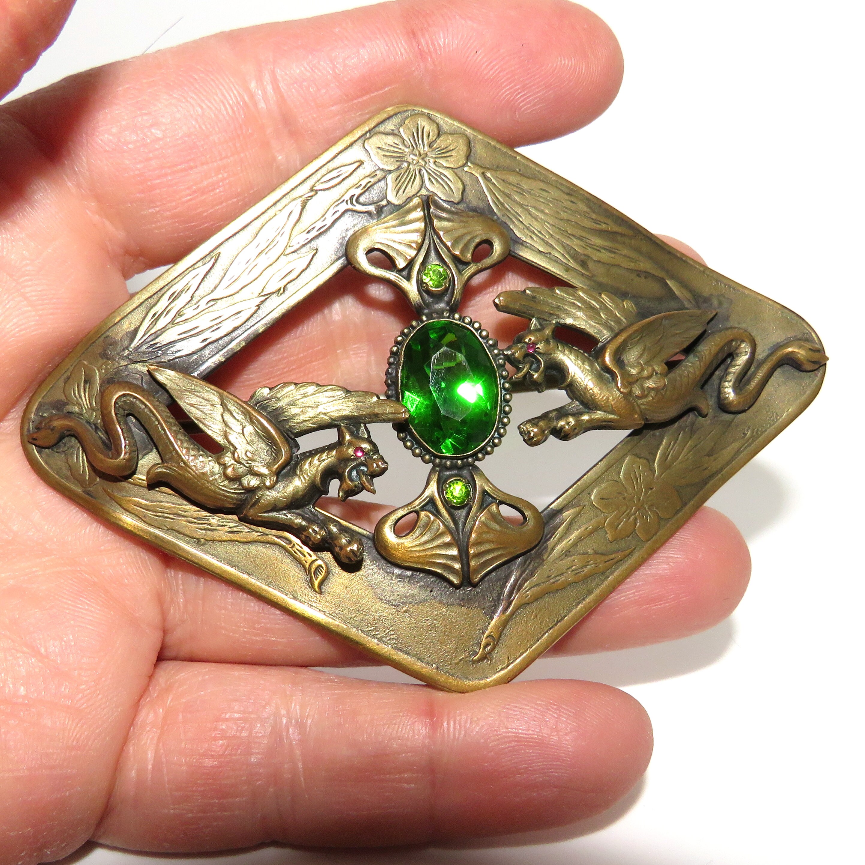 Edwardian Art Nouveau Dragons and Green Stone Sash Pin - Etsy