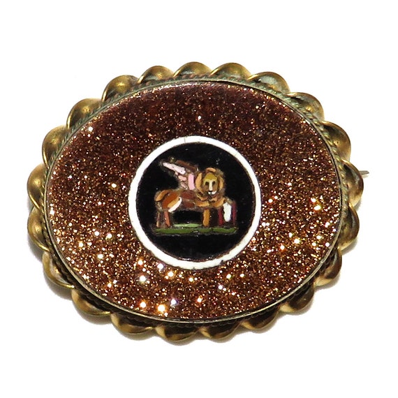 Victorian Venetian Lion Mosaic in Goldstone Pin - Gem