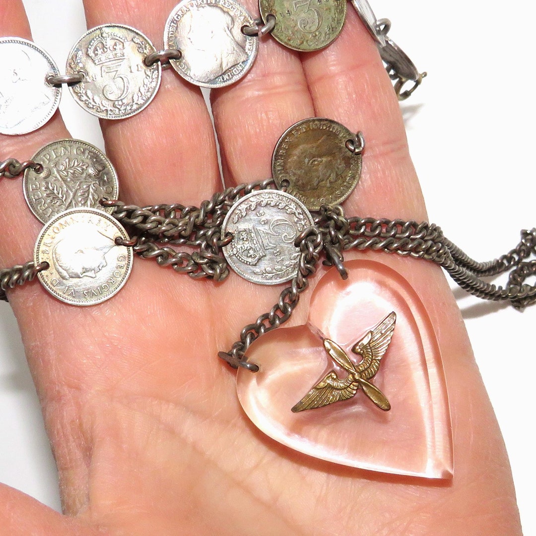 WWII AAC Sweetheart Lucite Heart and Wings Pendant Necklace With ...